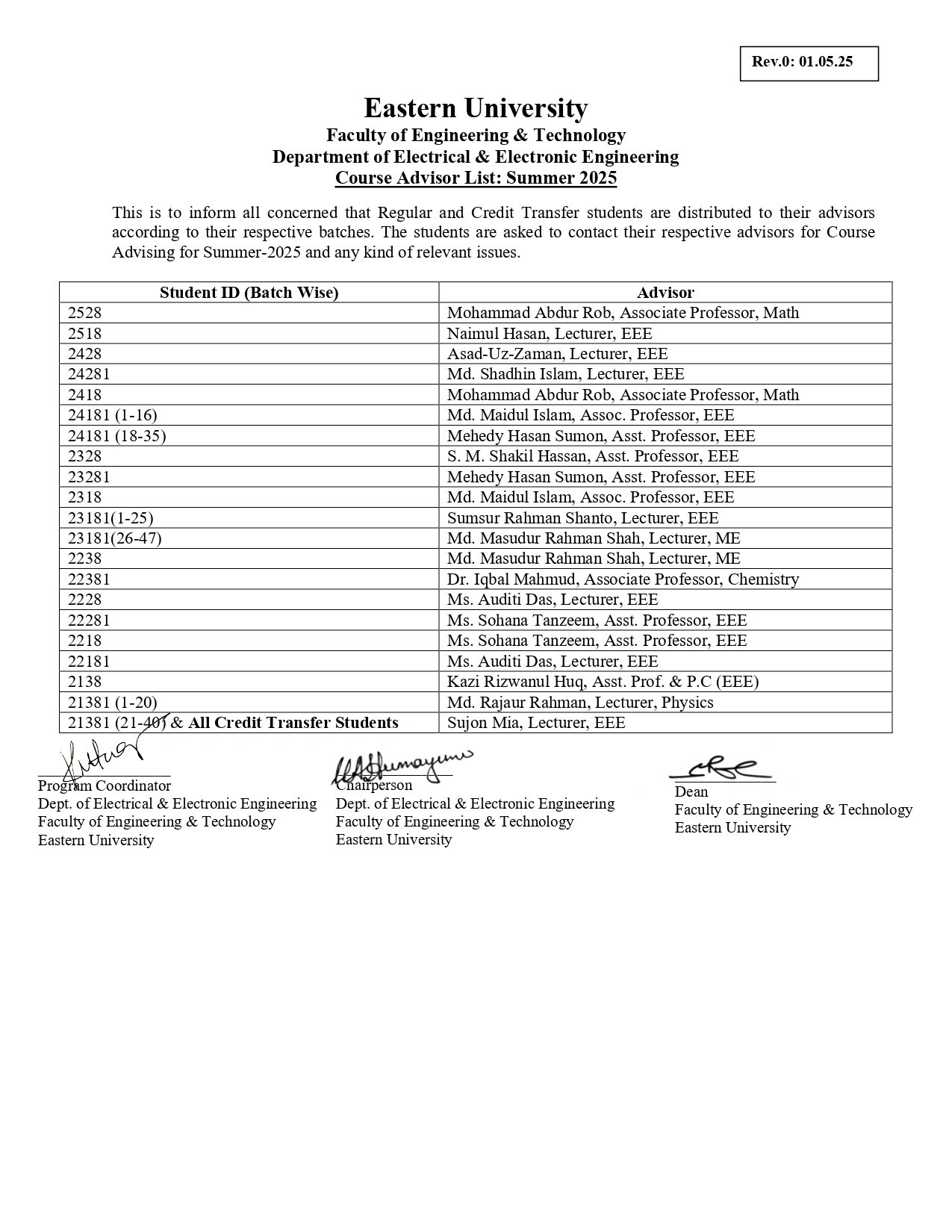 Course Advisor List for Summer 2025 Semester | Notice | Eastern University