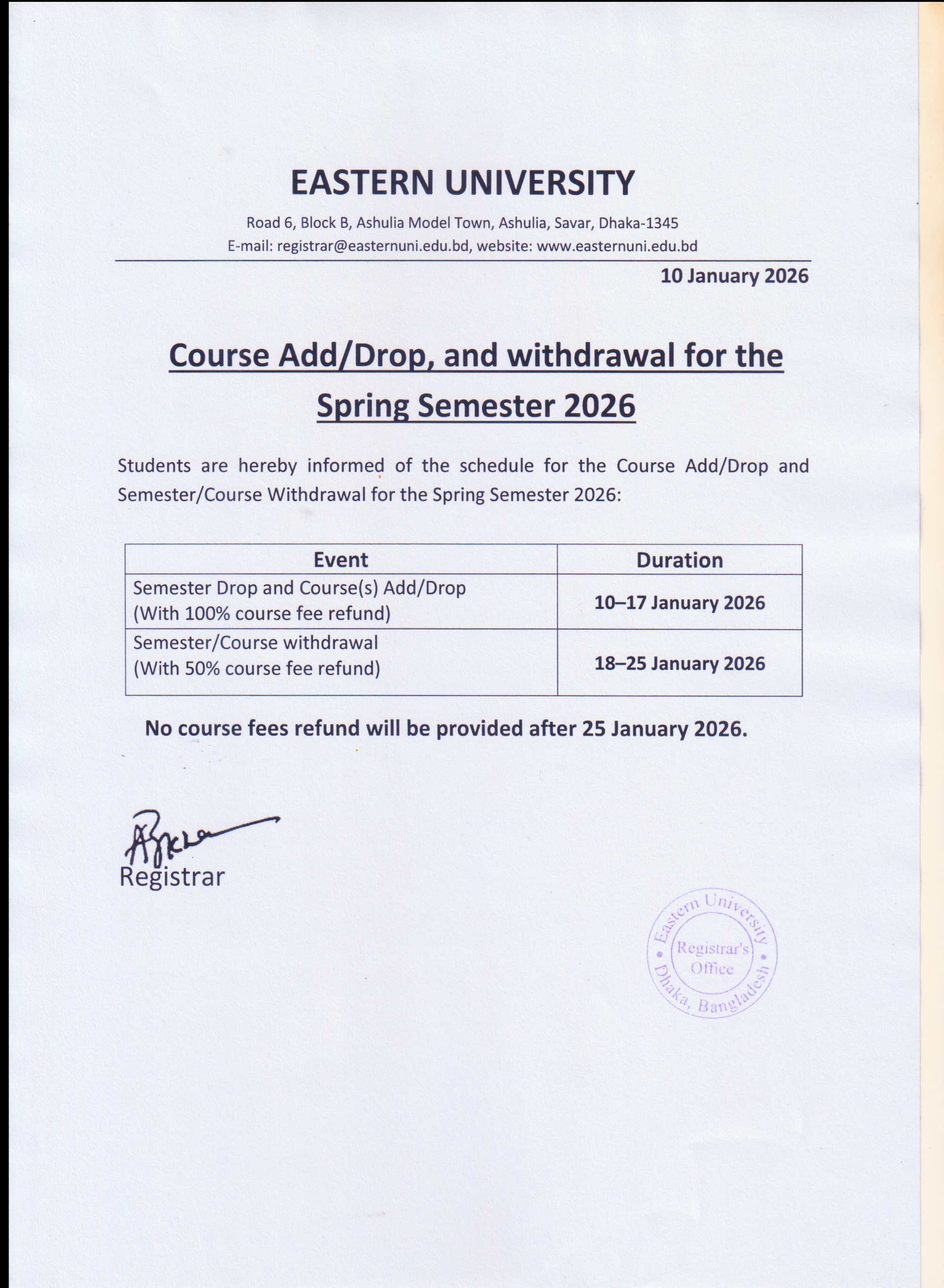 Course Add/Drop, and withdrawal for the Spring Semester 2026 (Law and ...