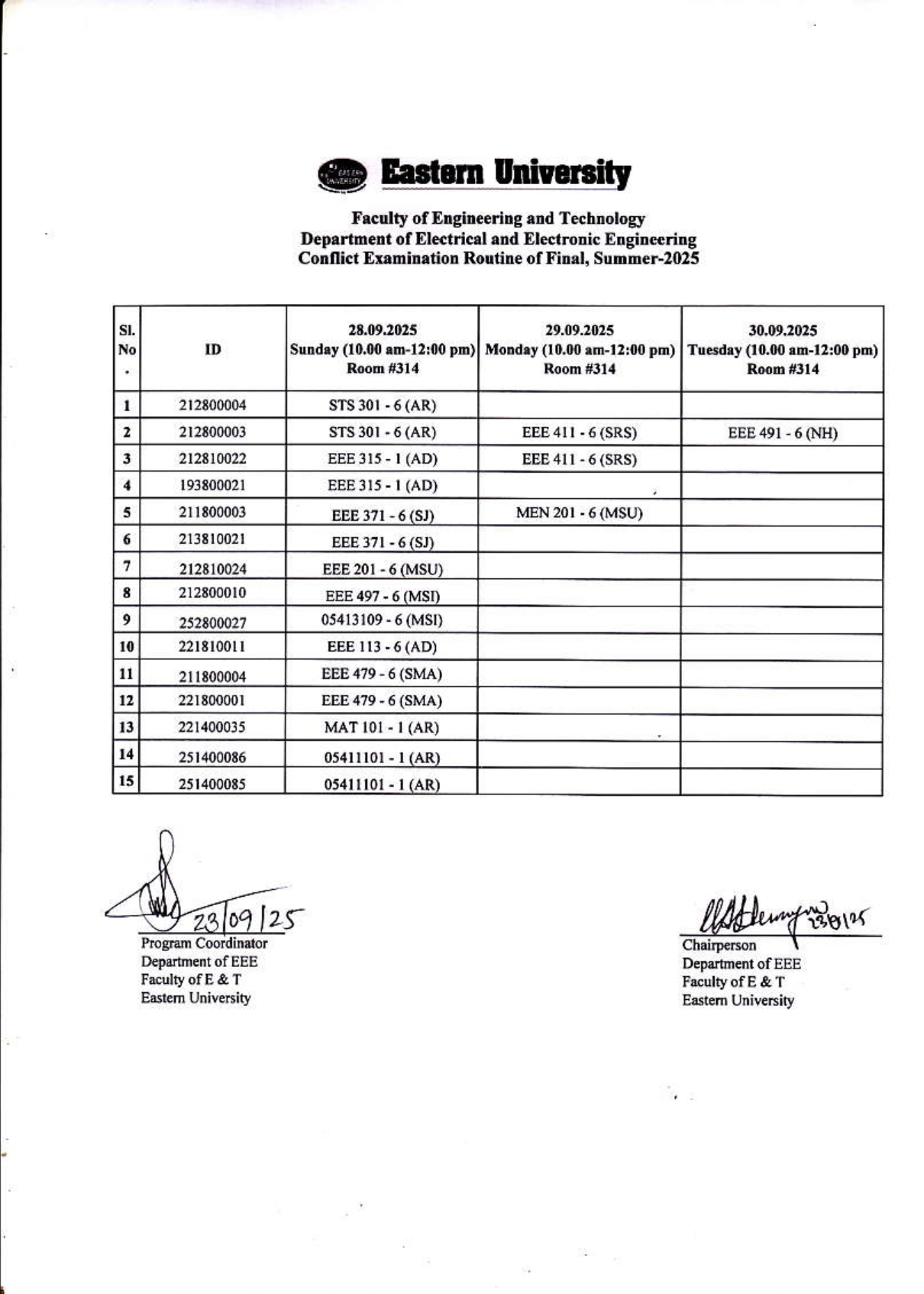 Conflict Final Examination Notice Department of EEE, Summer 2025 ...