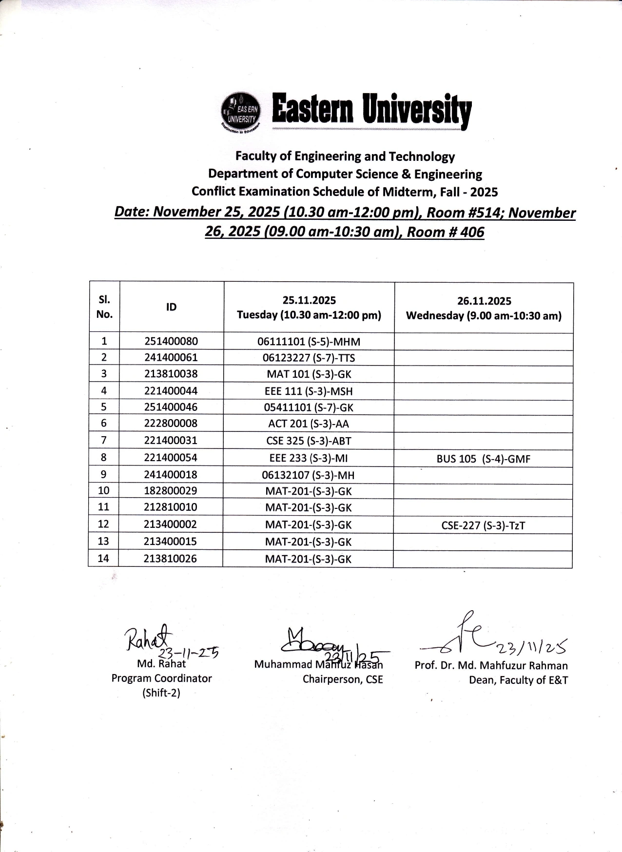 Conflict Examination Schedule of Midterm-Fall 2025, Department of CSE ...