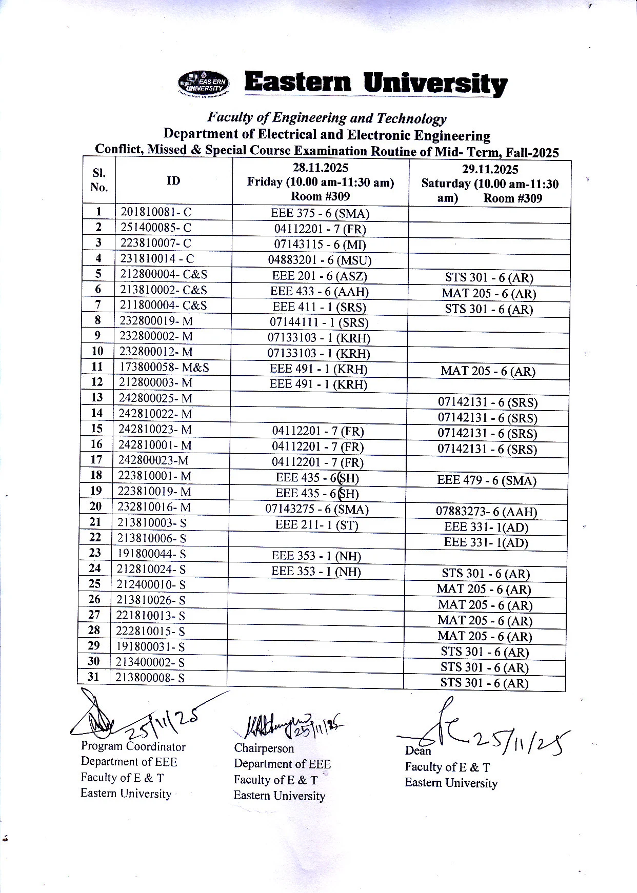 Conflict, Missed & Special Course Examination Routine (Mid-term) of EEE ...