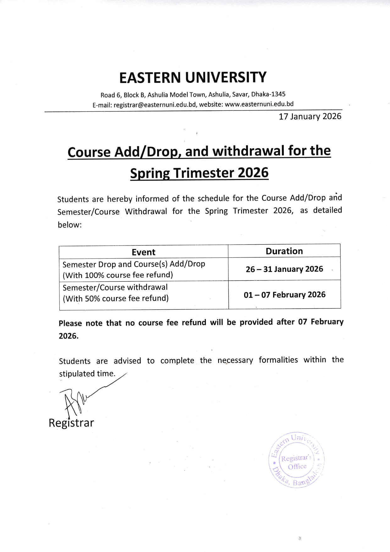 Course Add/Drop, and withdrawal for the Spring Trimester 2026 | Notice ...