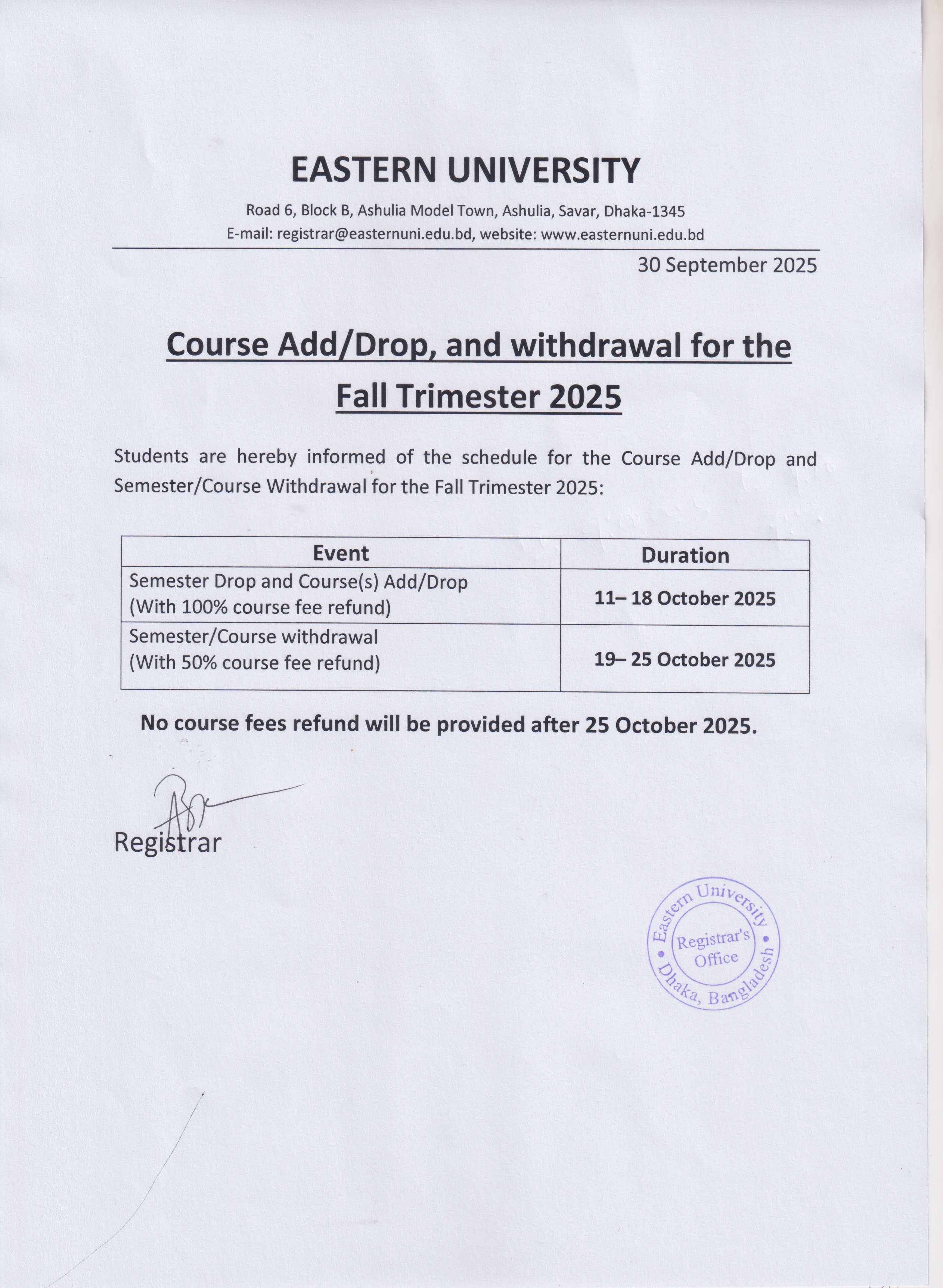 Course Add/Drop, and withdrawal for the Fall Trimester 2025 | Notice | Eastern University
