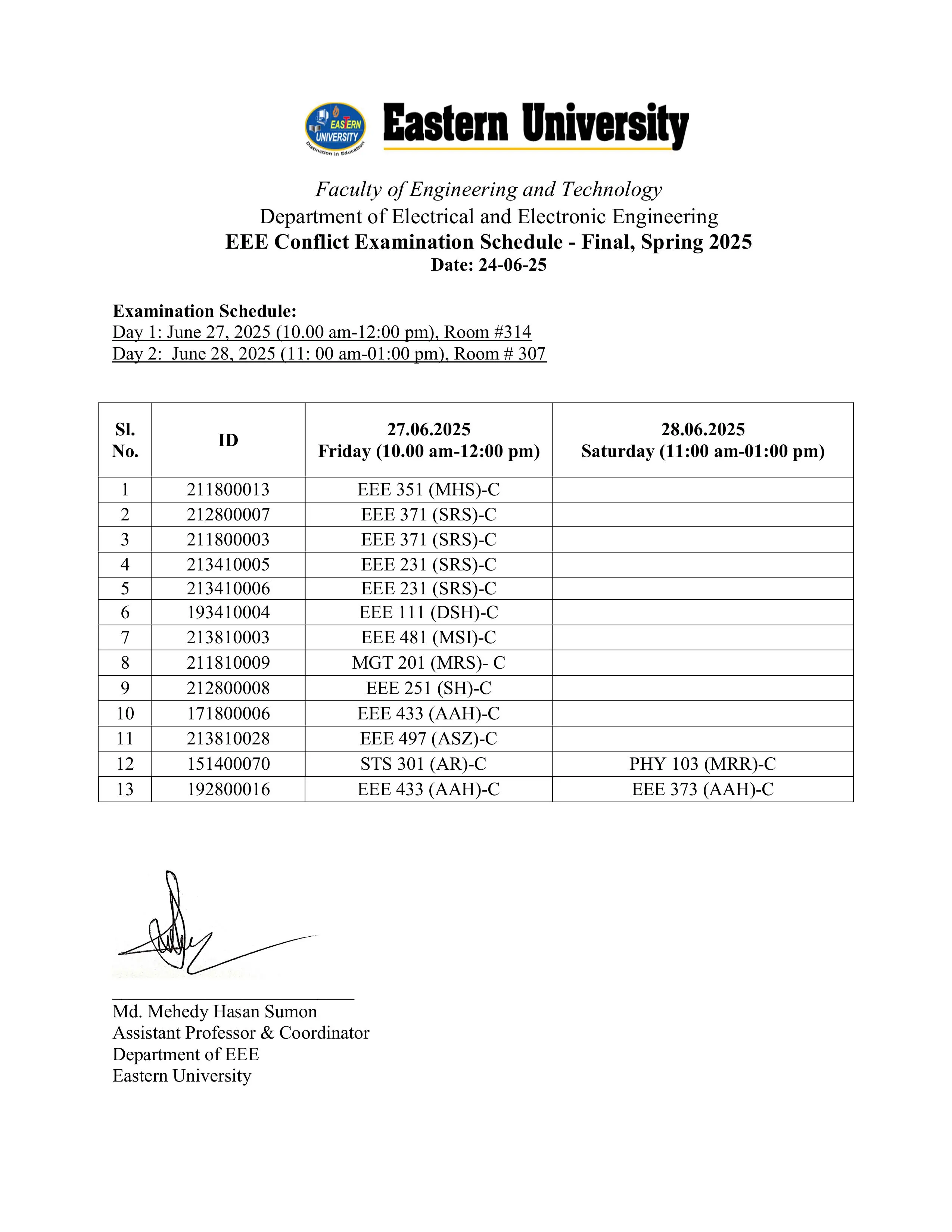 Conflict Examination Routine– Final, Spring 2025 (EEE) | Notice ...
