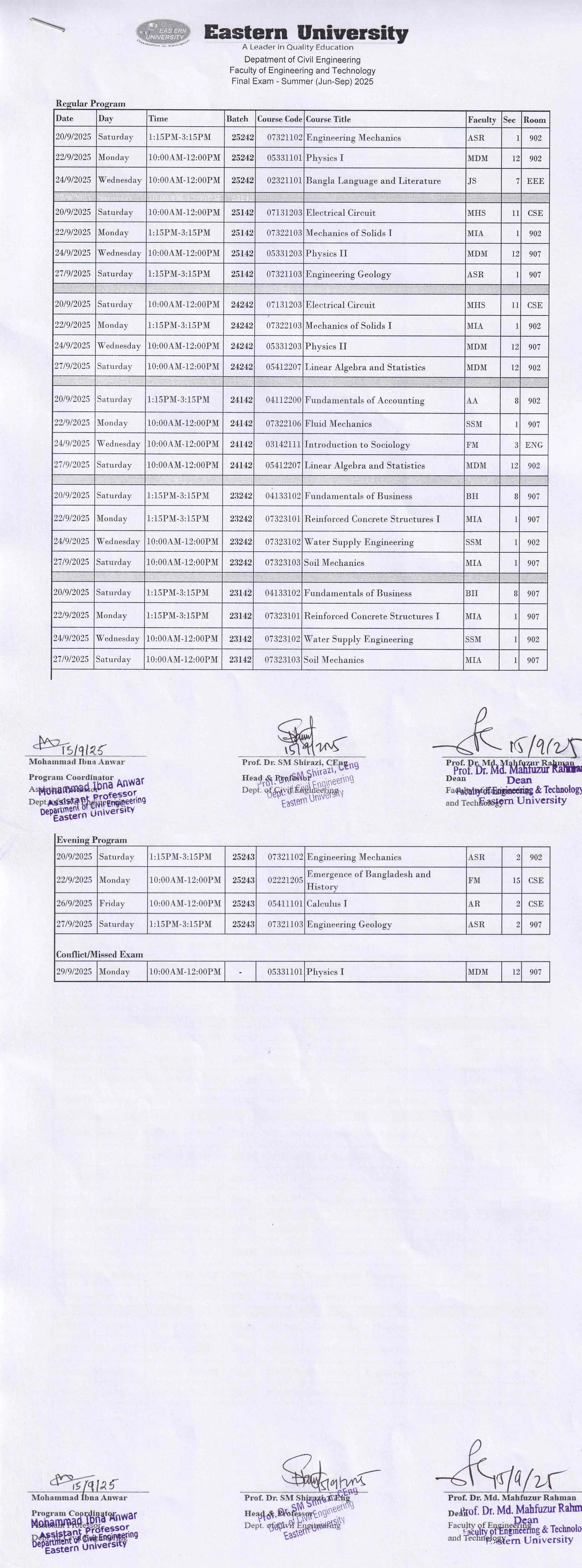 Revised Final Examination Routine of Civil Department, Summer 2025 ...