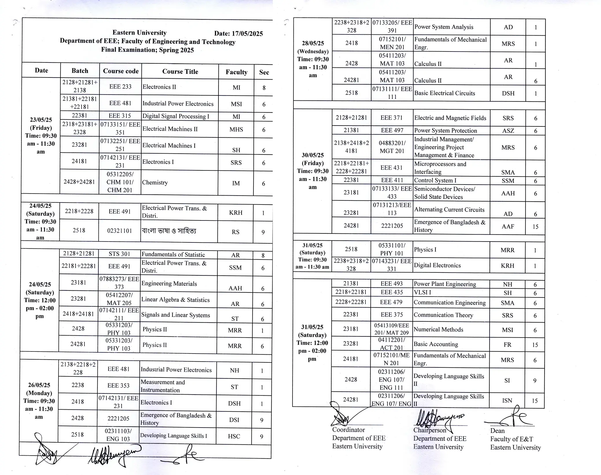 Final Examination Routine : Semester-Spring 2025 Department of EEE ...