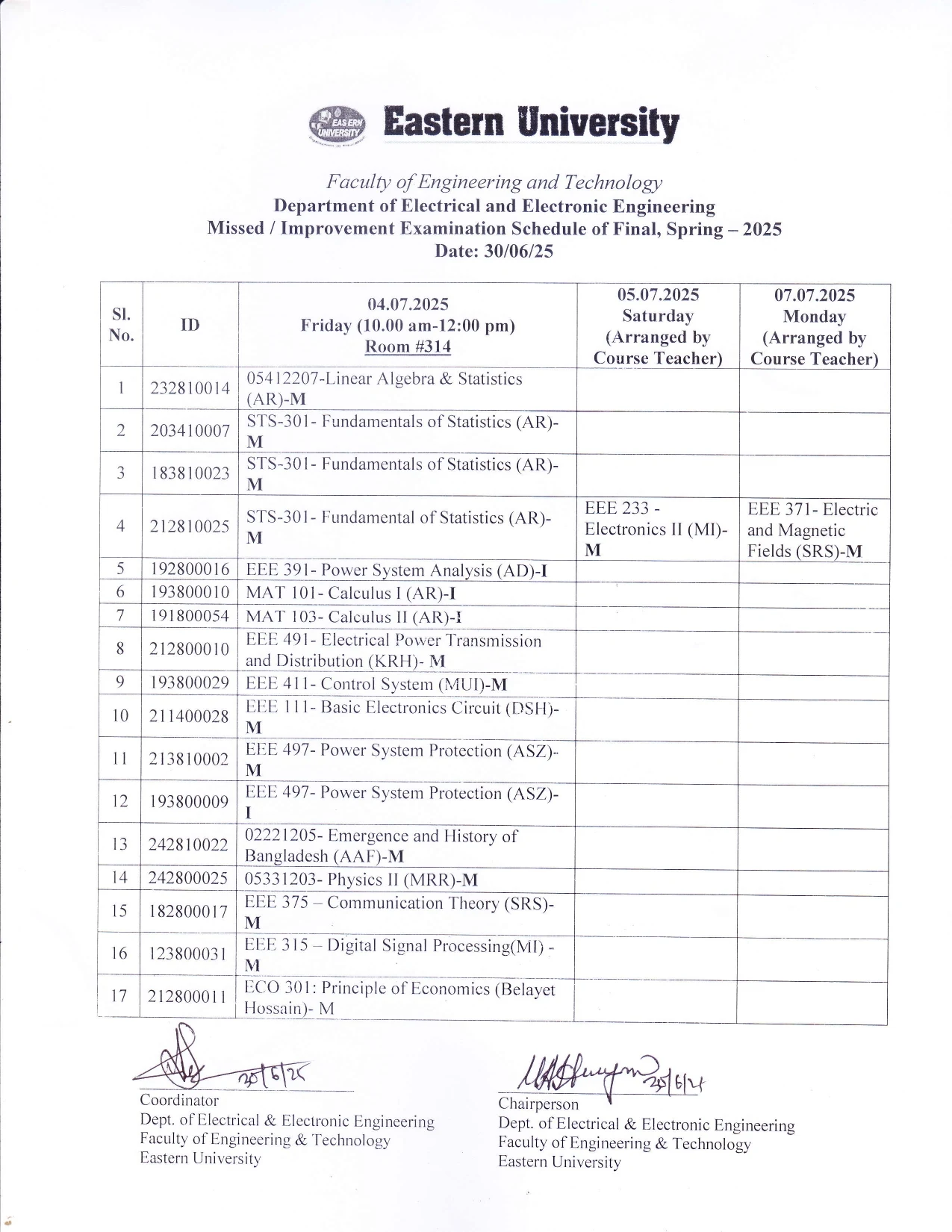 Missed/ Improvement Examination Schedule of Final (EEE Department ...