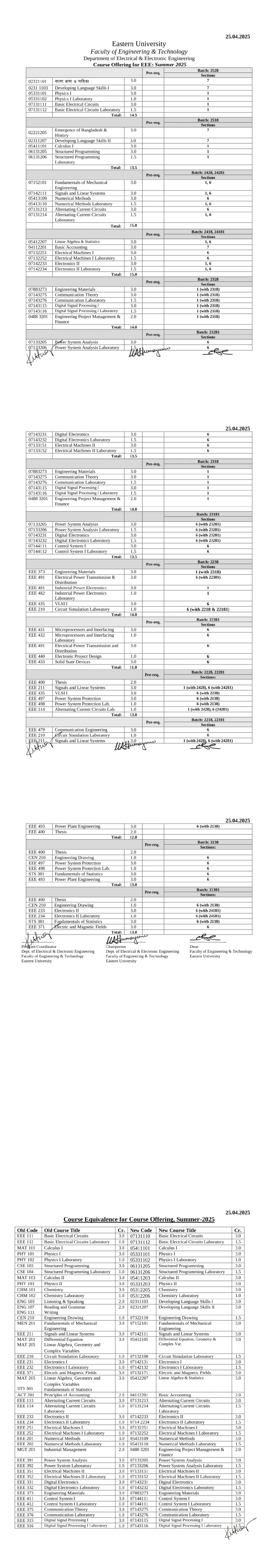 Course Offering for EEE: Summer 2025 | Notice | Eastern University