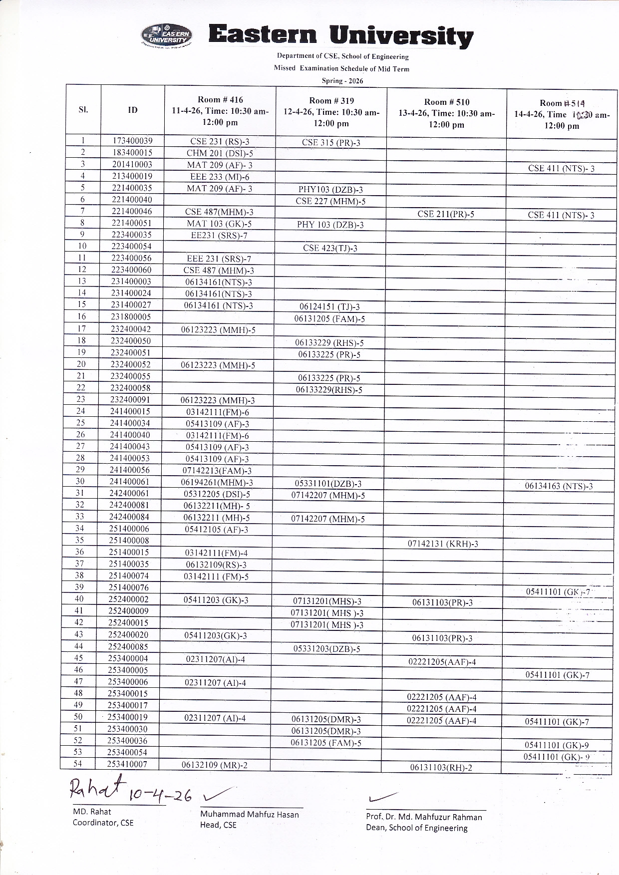 Missed Examination Schedule of Mid-Term Spring-2026, CSE | Notice ...