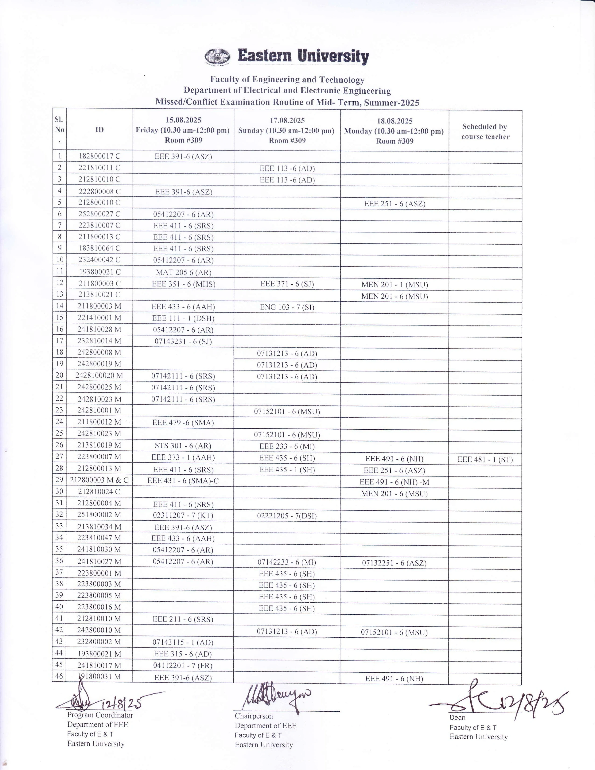Missed Conflict Mid-Term Examination Routine Summer 2025, EEE | Notice ...