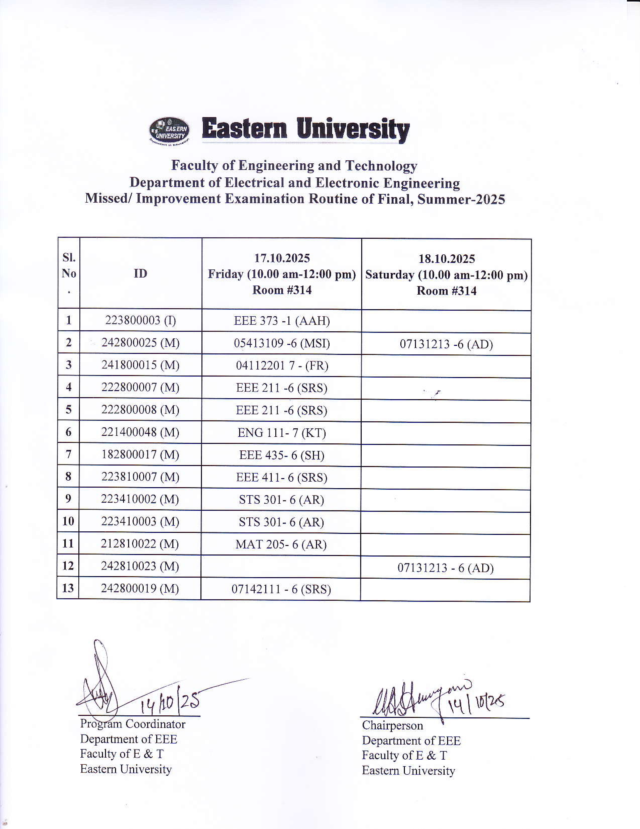 Missed/ Improvement Final Examination Routine of EEE, Summer - 2025. | Notice | Eastern University