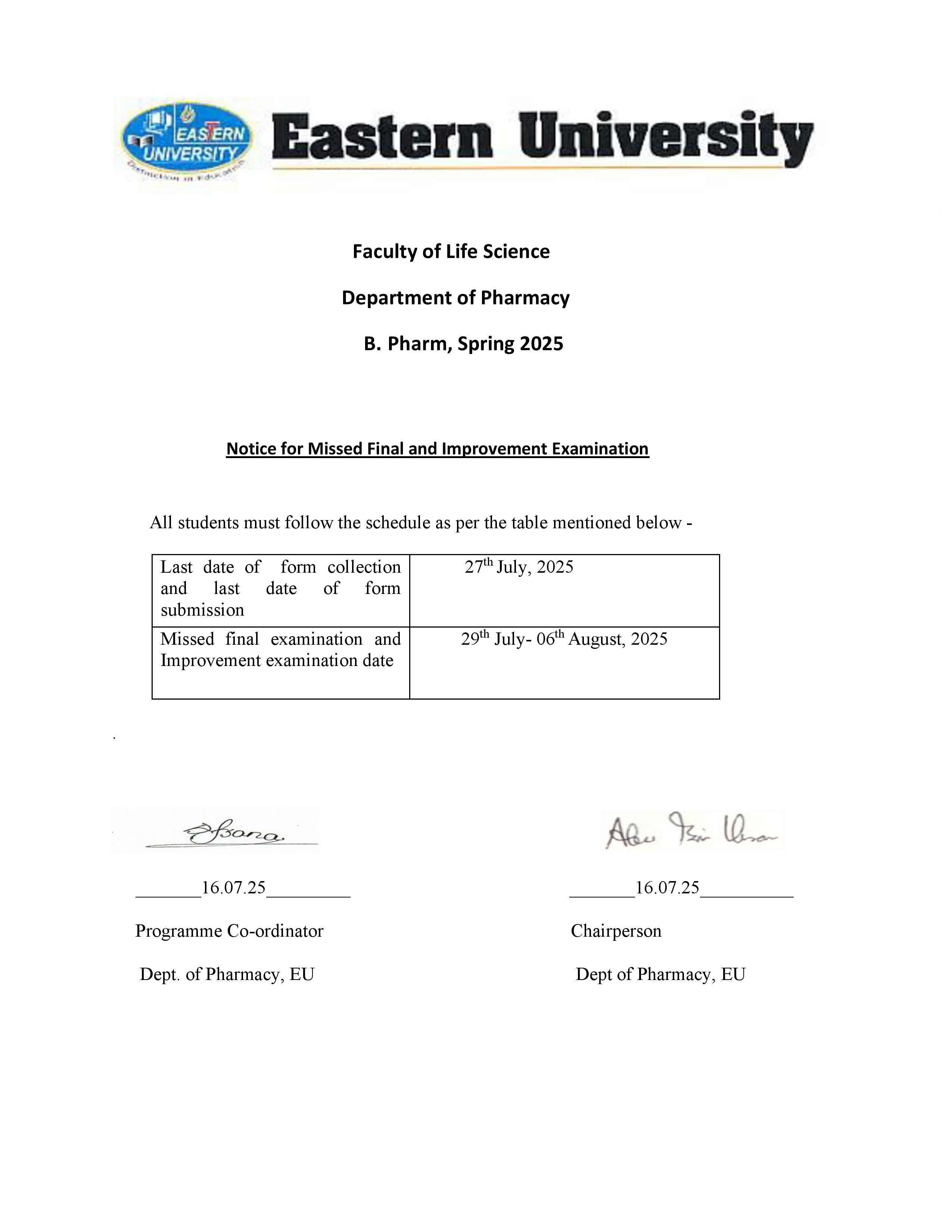 Notice for Missed and Improvement Examination | Notice | Eastern University