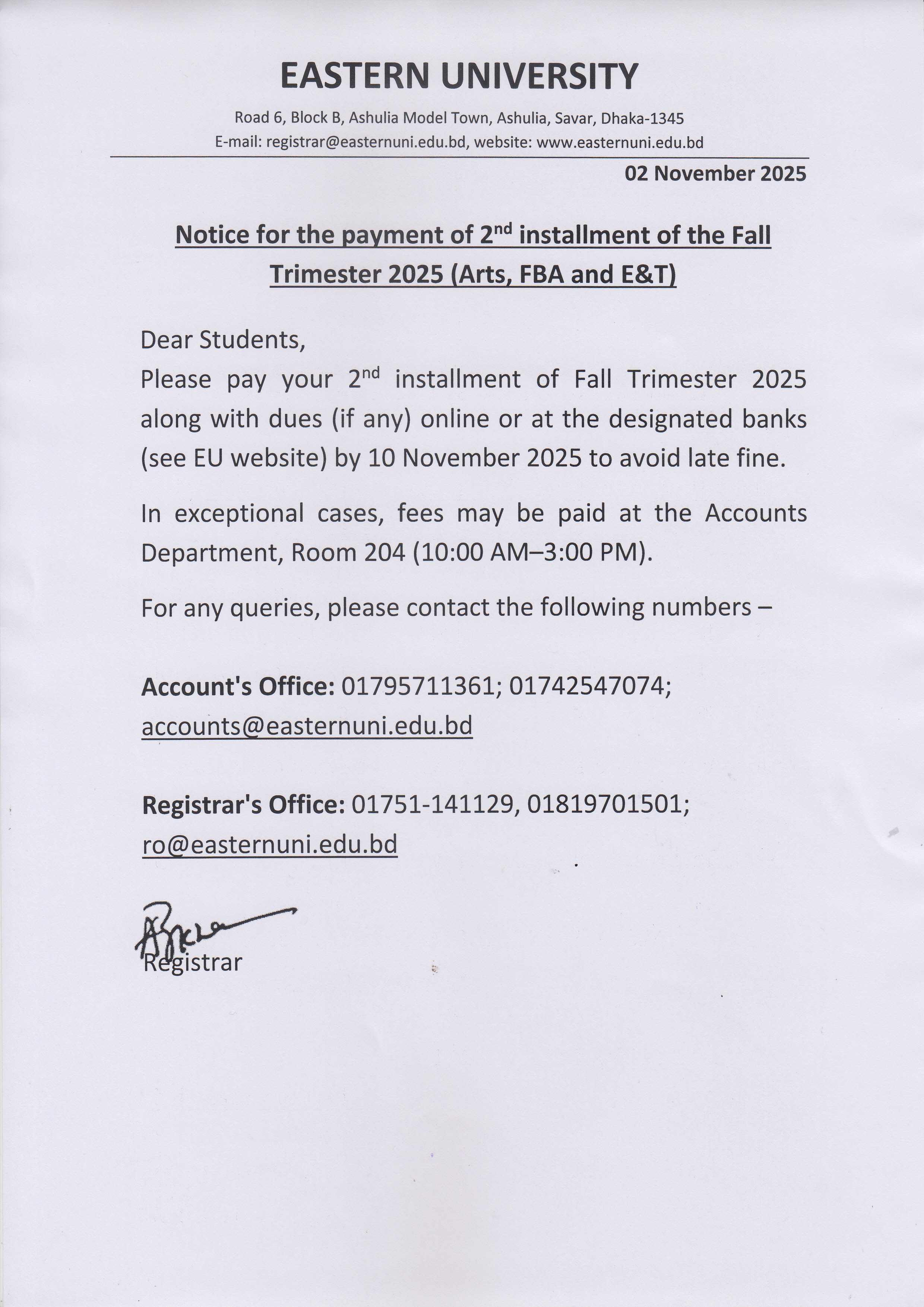 Notice for the payment of 2nd installment of the Fall Trimester 2025 ...