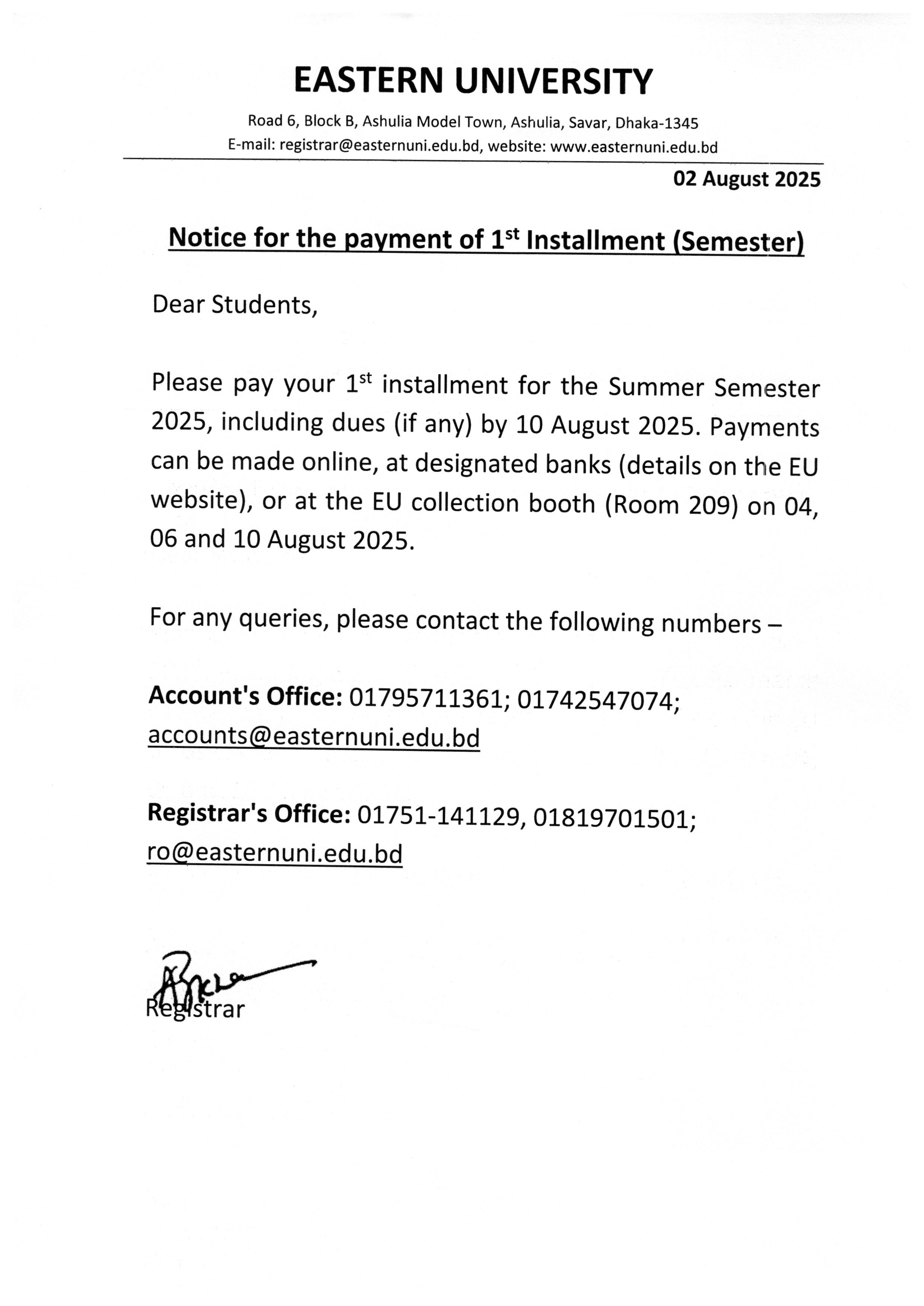 Notice for the payment of 1st Installment for the Summer Semester 2025 ...