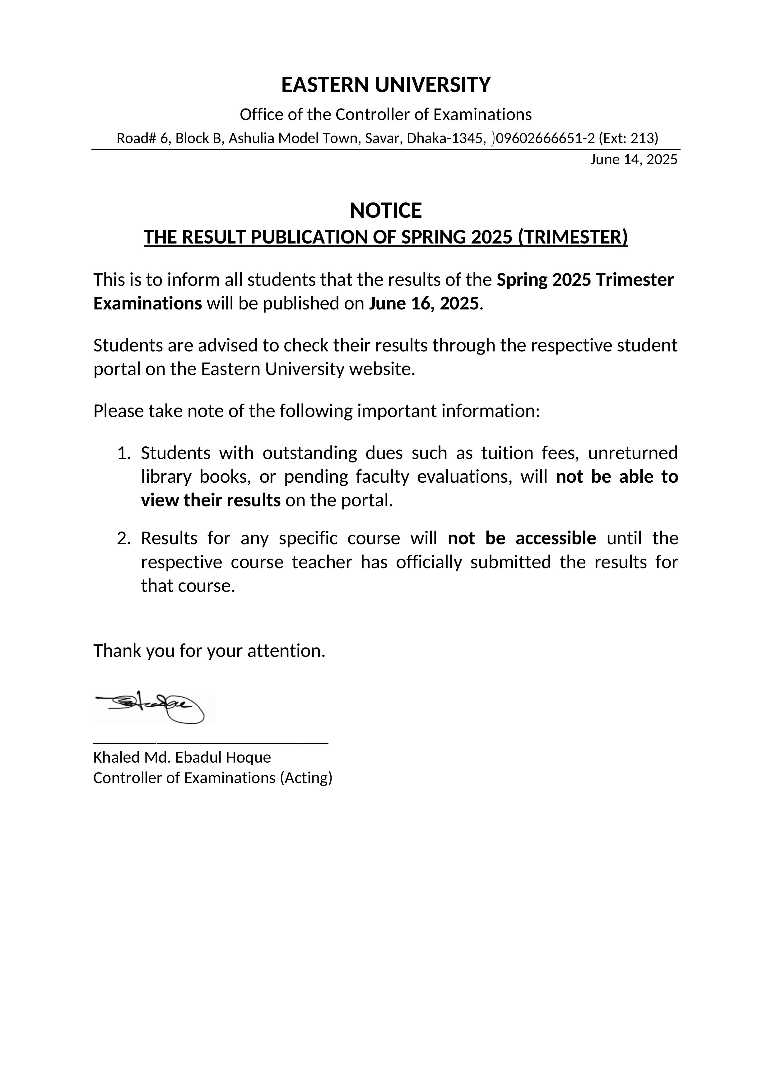 NOTICE: THE RESULT PUBLICATION OF SPRING 2025 (TRIMESTER) | Notice ...