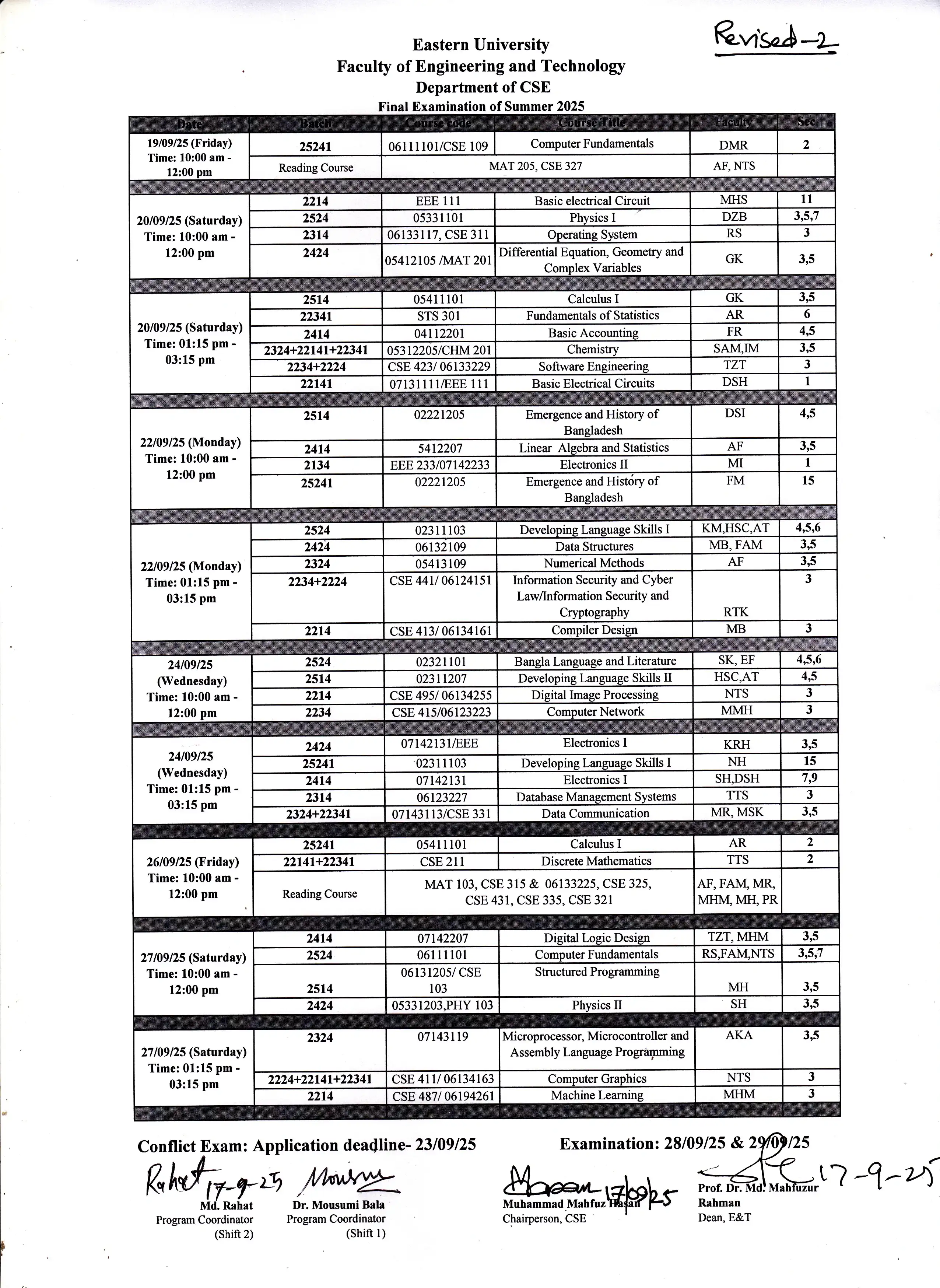 Revised (Updated) Final Examination Routine of Summer Semester-2025, Department of CSE | Notice ...