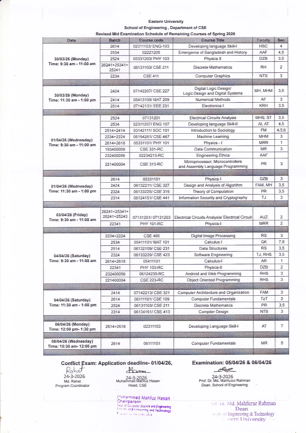 Revised Mid-Term Examination Schedule of Remaining Courses of CSE ...