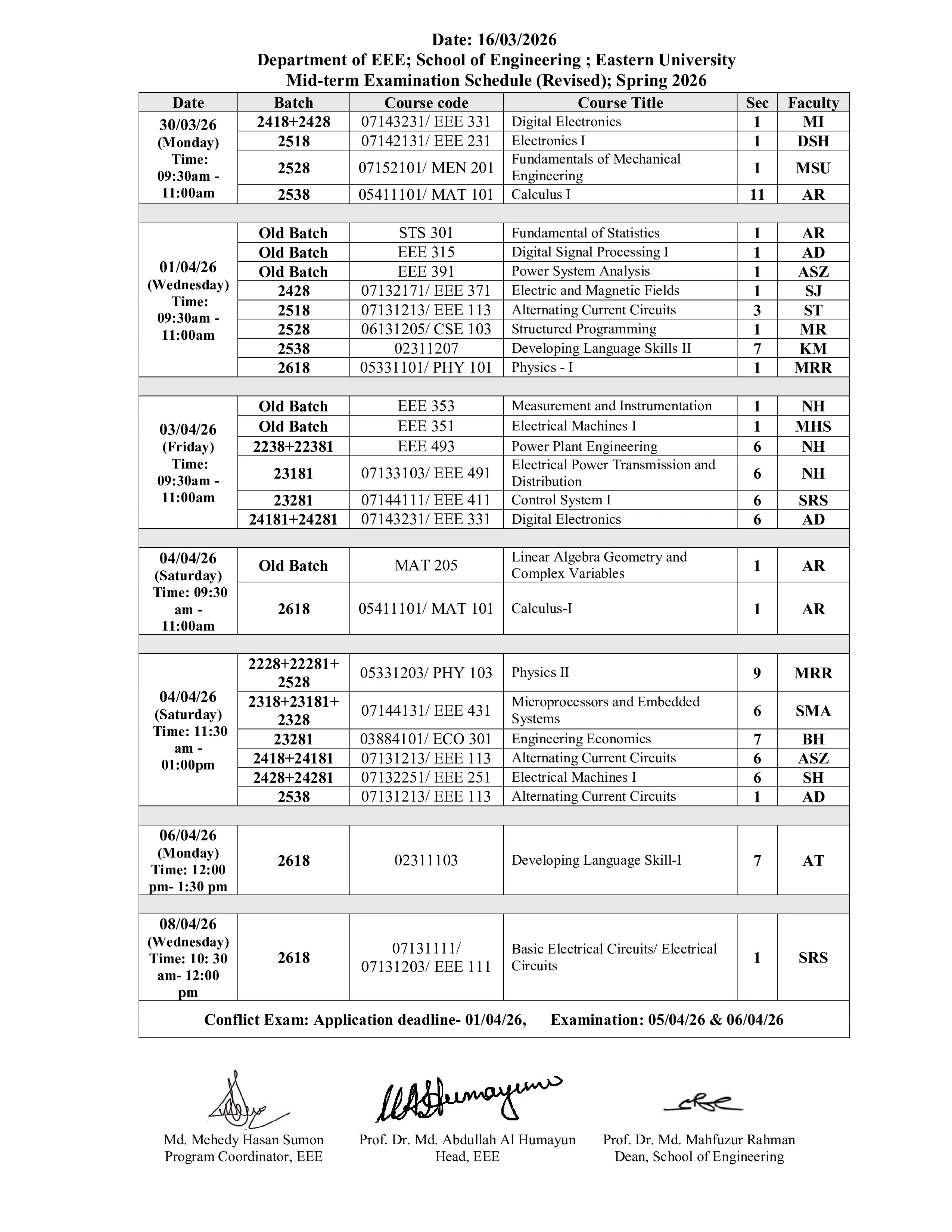 Revised EEE Mid-Spring 2026 Exam and Invigilation Schedule | Notice ...