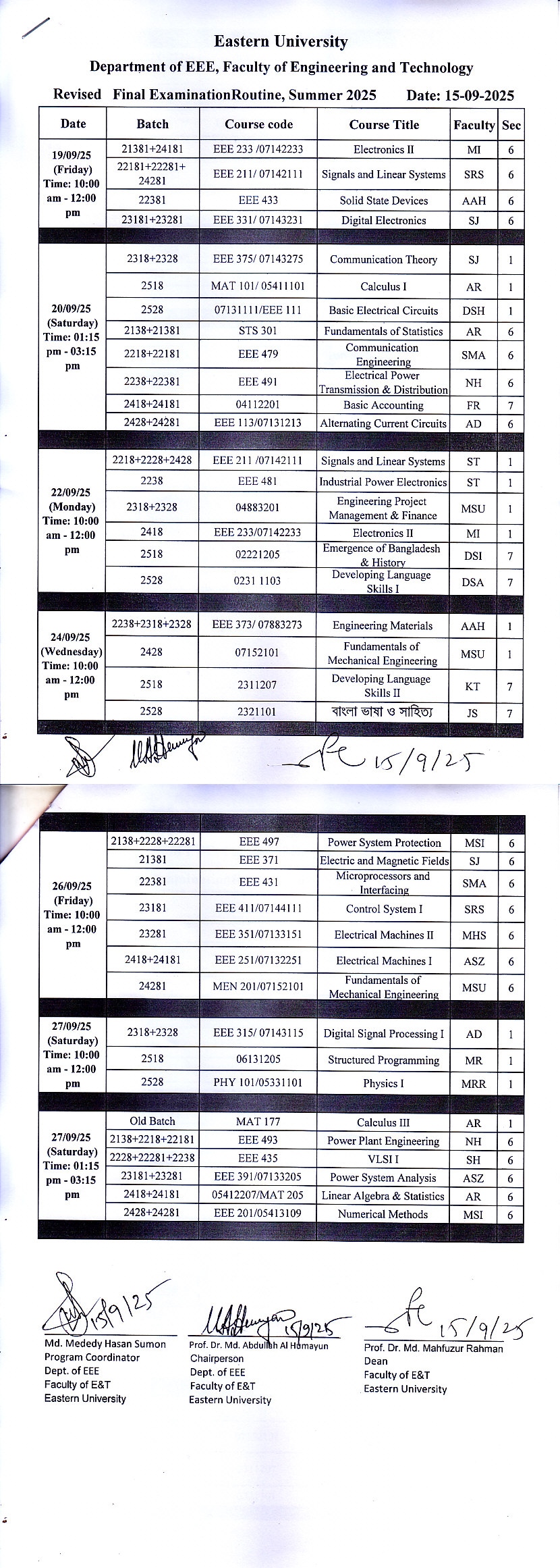 Revised Final Examination Routine of EEE, Summer - 2025 | Notice | Eastern University