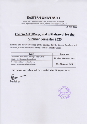 Course Add/Drop, and withdrawal for the Summer Semester 2025 (Bi ...