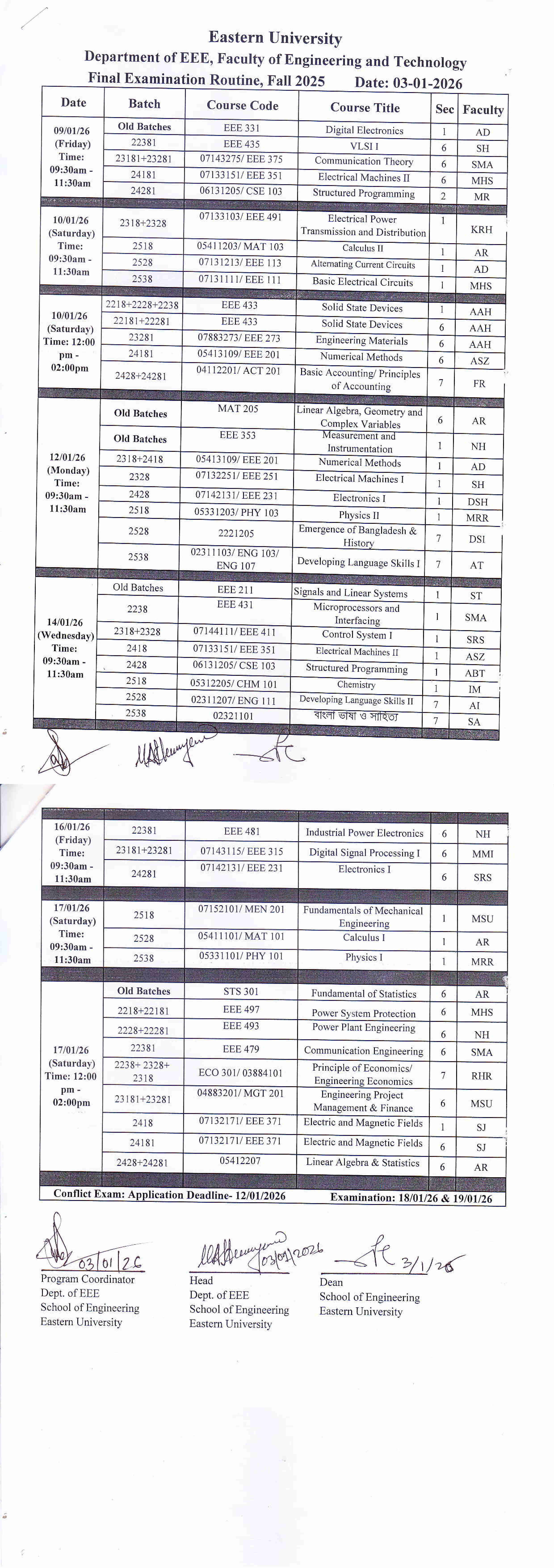 Final Examination Routine of EEE, Fall - 2025 | Notice | Eastern University