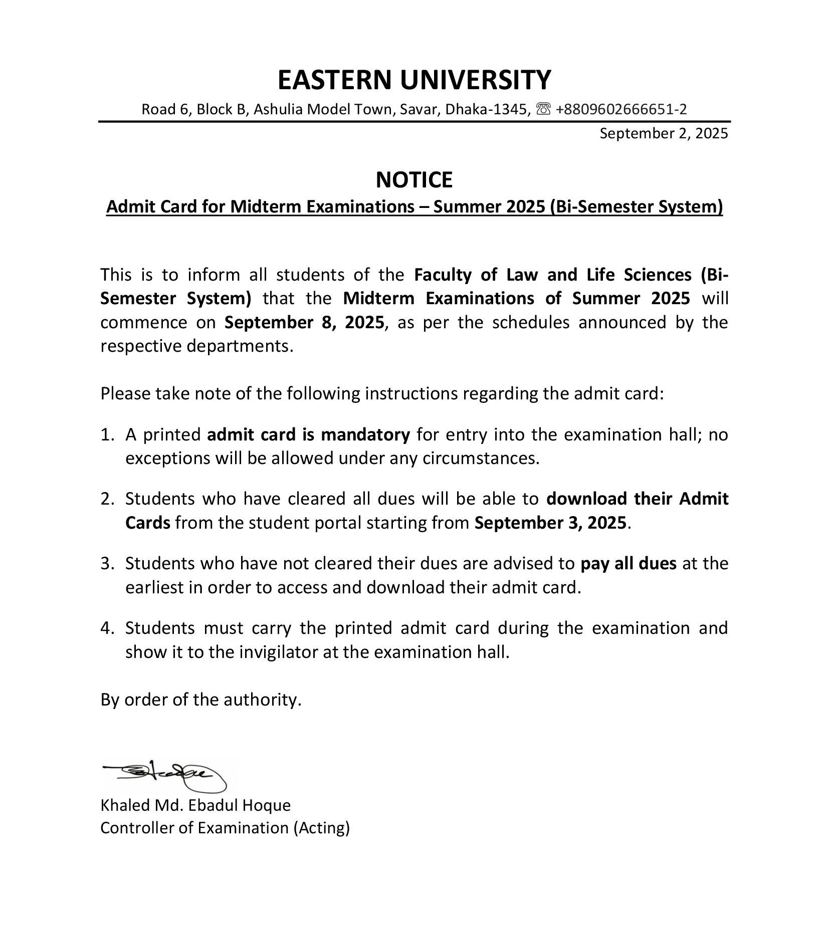 NOTICE: Admit Card for Midterm Examinations – Summer 2025 (Bi-Semester ...