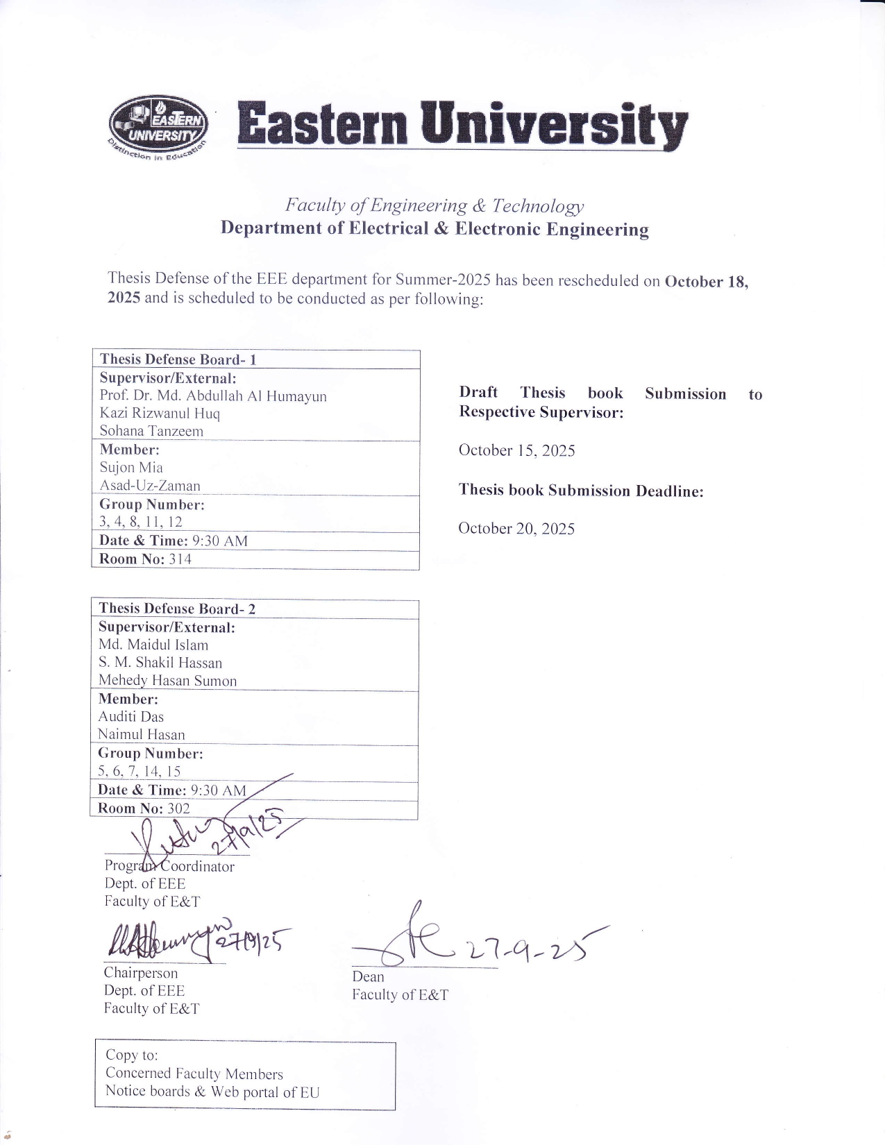 Revised schedule of Thesis Defense of the EEE department for Summer ...