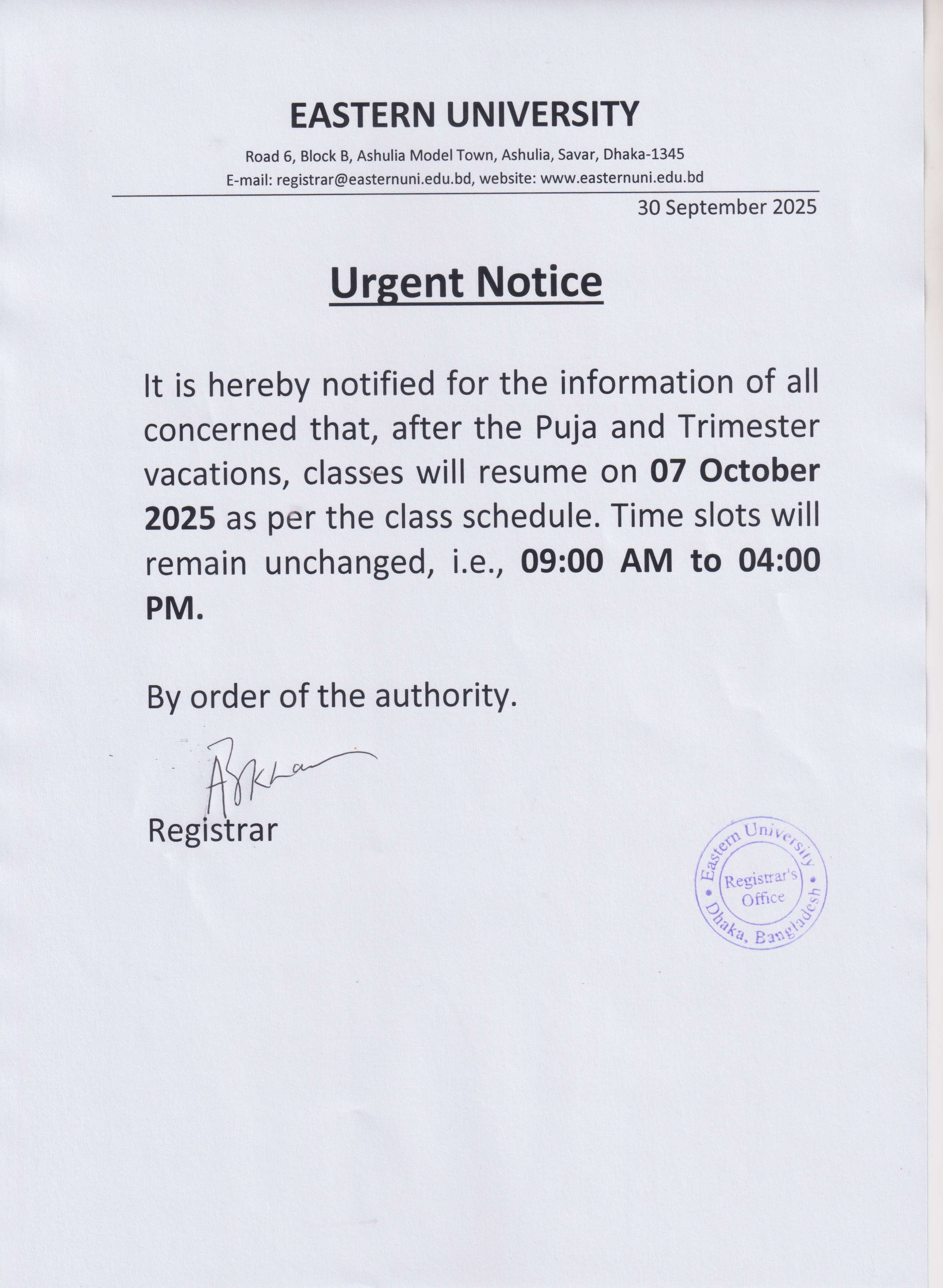 Urgent Notice Regarding Time Slot | Notice | Eastern University