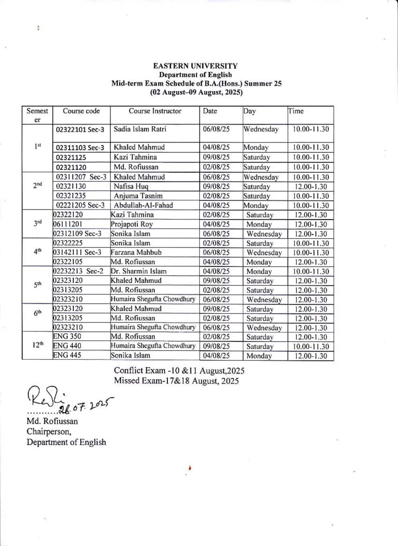 Mid-term Exam Schedule-B.A. (Hons.)-Summer 25 | Notice | Eastern University